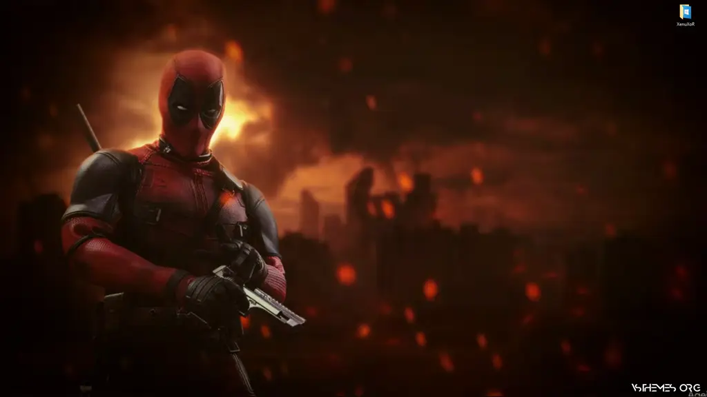 Live wallpaper Deadpool with a gun amid a fire in the city download on ...
