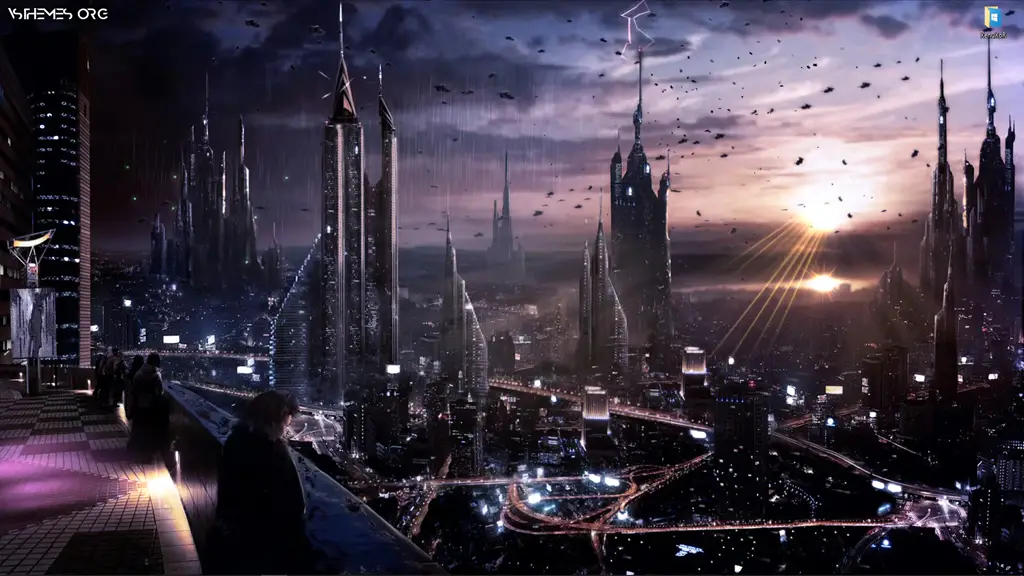 Live wallpaper Cyber city of the future at sunset download on VSThemes.org