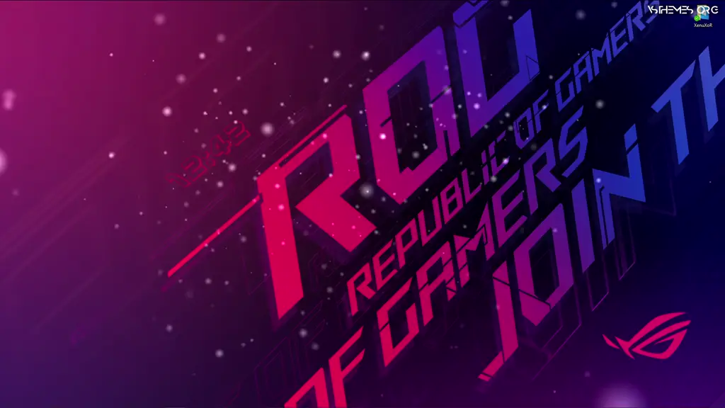 Живые обои Фиолетовый логотип Asus ROG, снег + часы скачать на VSThemes.org