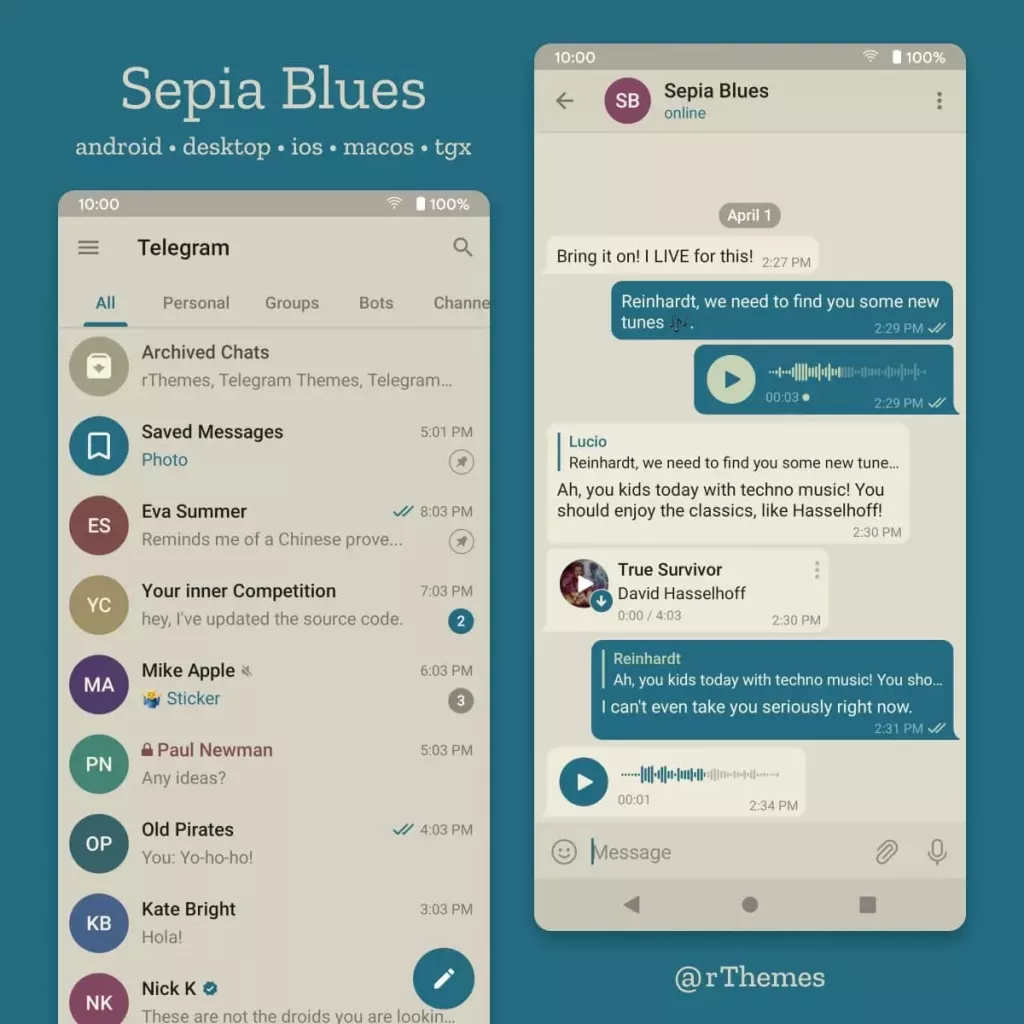 Theme Sepia, blue accent for Telegram download on VSThemes.org