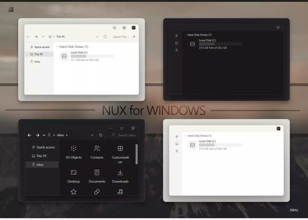 Theme Nux, dark and light versions for Windows 11 download on VSThemes.org