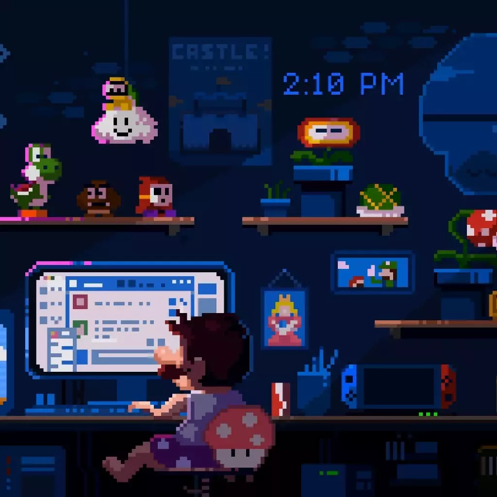 Live wallpaper Chill Mario w/ Clock by PixelJeff download on VSThemes.org