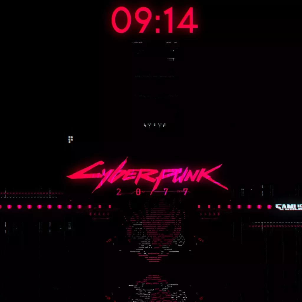 Живые обои Cyberpunk 2077 with clock скачать на VSThemes.org