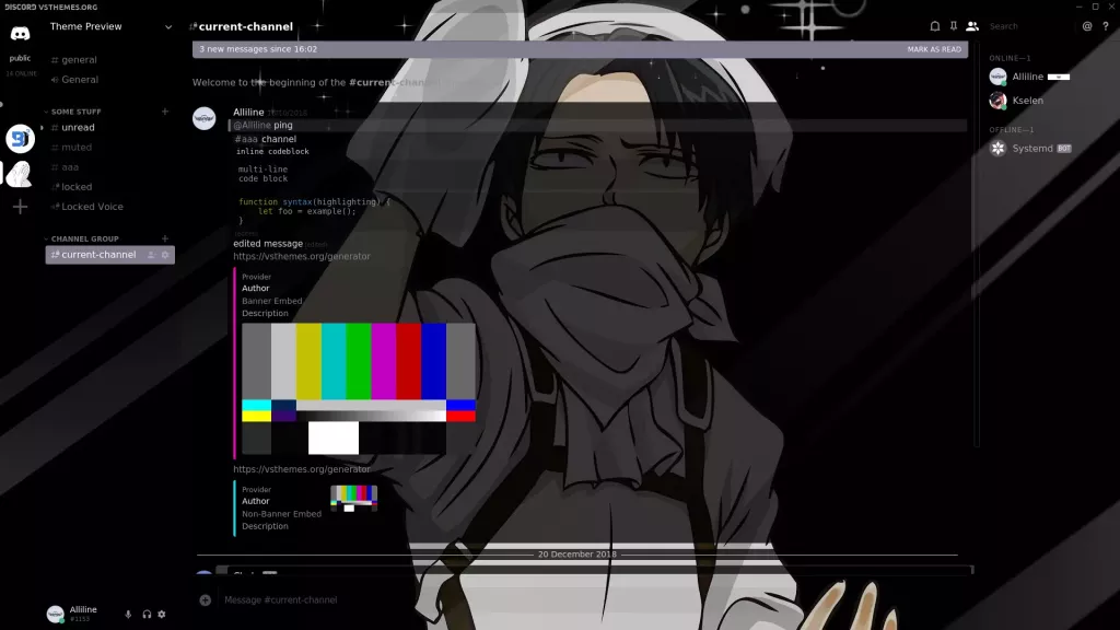 Theme Levi washes the screen for Discord download on VSThemes.org