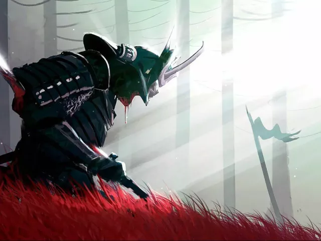 Live wallpaper Neon Red Samurai 4k download on VSThemes.org